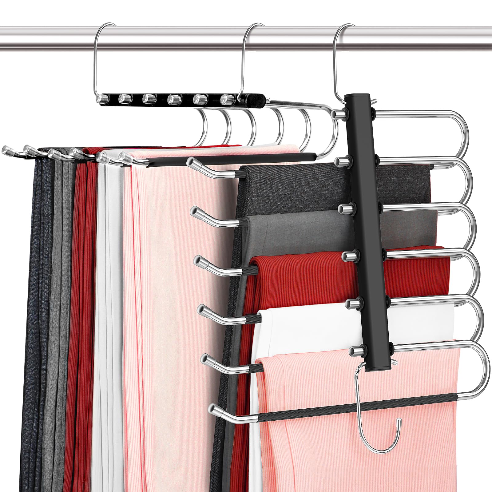 DOIOWN Pants Hangers Space Saving: 2 Pack 6 Tier Open Ended Pants Hangers for Men Women, Non Slip Black Hangers for Pants, Jean, Trouser, Scarf, Multiple Hangers in One, Closet Organizers and Storage