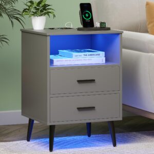 fredees grey night stand with charging station and led lights, nightstand with human sensor, 2 drawers smart bedside table, modern end table furniture for bedroom