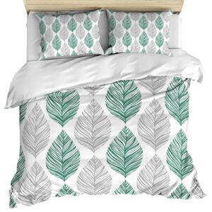 green and grey leaf texture duvet cover cal. king size, gray abstract art leaves comforter cover with zipper closure, 3 piece bedding sets 1 duvet cover 90x106 inches and 2 pillow shams