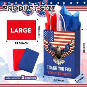 Cholemy 48 Pcs Veterans Day Patriotic Thank You Gift Bags with Red White Blue Tissue Paper Vintage American Treat 4th of July Goodie Bags with Handles Independence Day Party Gift Wrap Bags