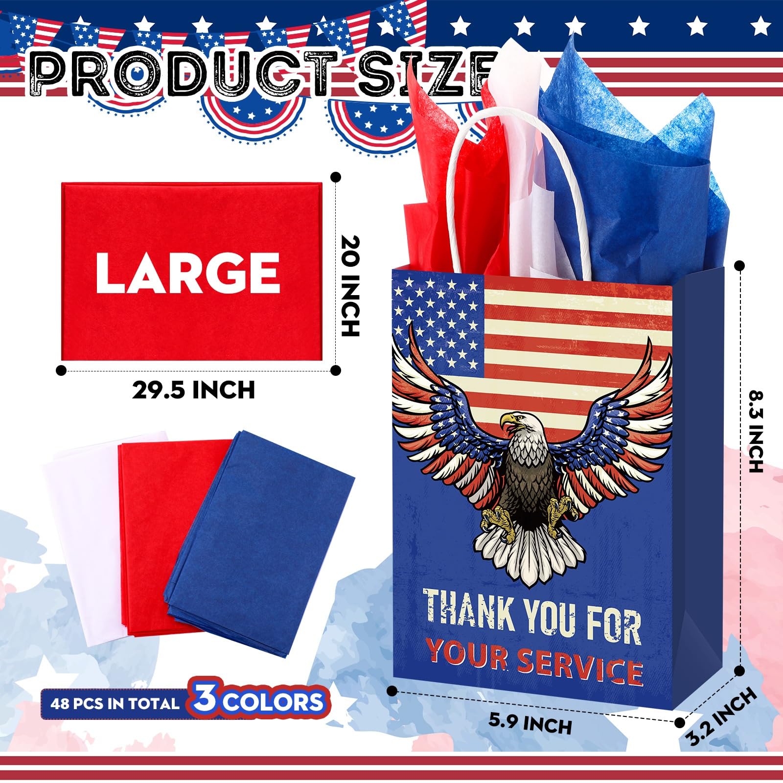 Cholemy 48 Pcs Veterans Day Patriotic Thank You Gift Bags with Red White Blue Tissue Paper Vintage American Treat 4th of July Goodie Bags with Handles Independence Day Party Gift Wrap Bags