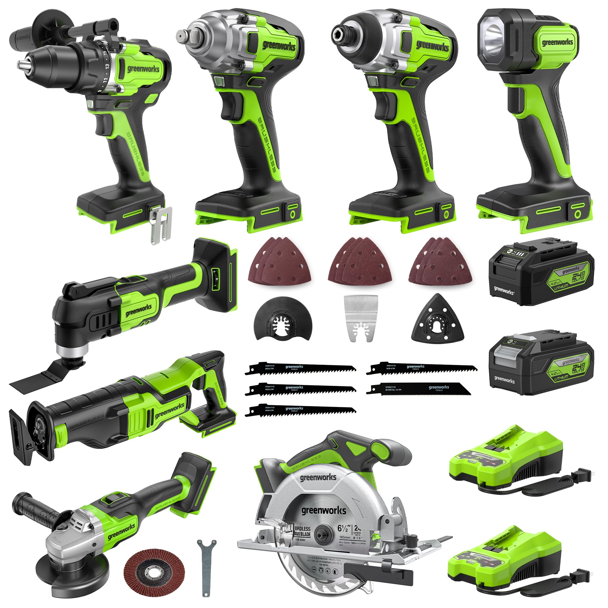 Greenworks 24V 8pcs Combo Kit,(2) Batteries & (2) Chargers. 800in/lb Drill, Impact Driver,Wrench, Multi-tool, Reciprocating Saw, Circular saw, Angle Grinder and Flashlight