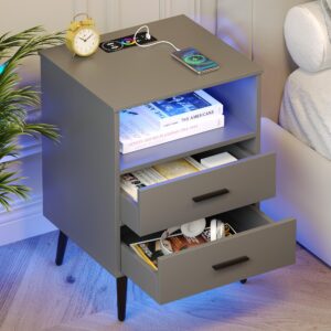 FREDEES Grey Night Stand with Charging Station and LED Lights, Nightstand with Human Sensor, 2 Drawers Smart Bedside Table, Modern End Table Furniture for Bedroom