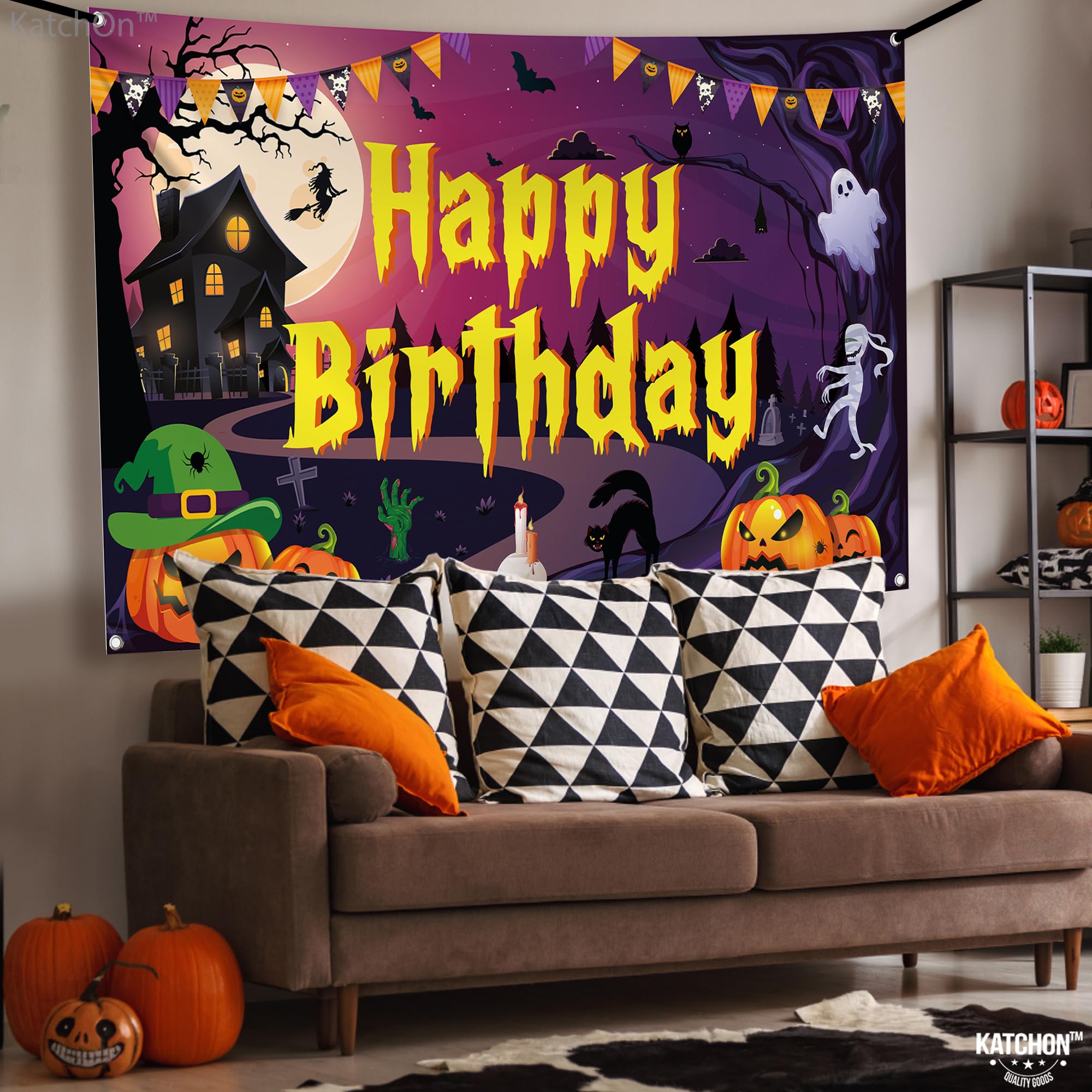 KatchOn, Happy Birthday Halloween Banner - XtraLarge, 72x44 Inch | Purple Halloween Birthday Banner for Halloween Birthday Party Decorations | Halloween Backdrop, Halloween Birthday Party Backdrop