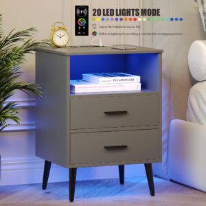 FREDEES Grey Night Stand with Charging Station and LED Lights, Nightstand with Human Sensor, 2 Drawers Smart Bedside Table, Modern End Table Furniture for Bedroom