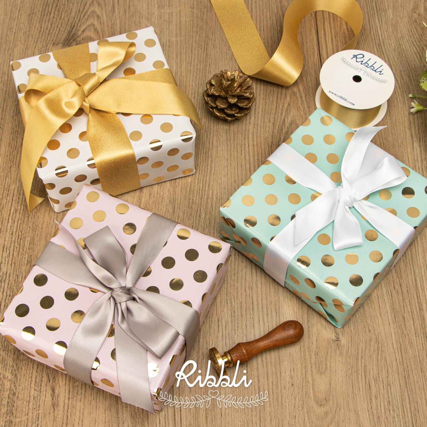 Ribbli Birthday Wrapping Paper Polka Dots Gift Wrap for Baby Shower Roll, 3 Rolls Pink White Blue Dots Pattern with Gold Foil - 17 inch x 120 inch(10feet) Per Roll