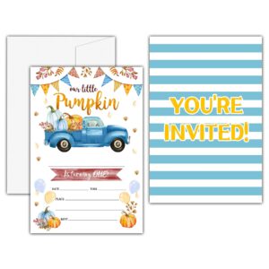 fall birthday invitations, 1st pumpkin truck birthday party invitation card, autumn harvest fill-in invites, birthday party favors & thanksgiving supplies (20 set of invitations with envelopes)-04