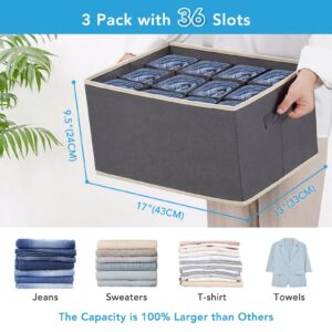 Baesyhom 3 Pcs 12 Cell Large Size Pants Organizers for Clothes, Jeans, Sweater, T-shirt, Dress Stackable for Wardrobe Closet Drawer Organizer Storage Bin Container, Dark Grey