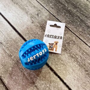 Jertoys Juguetes, Pelota para Perros Indestructible. Bola masticable resistente a las mordeduras con comedero en sus ranuras Ideal para la limpieza de dientes y entretemiento de sus mascotas (Blue)