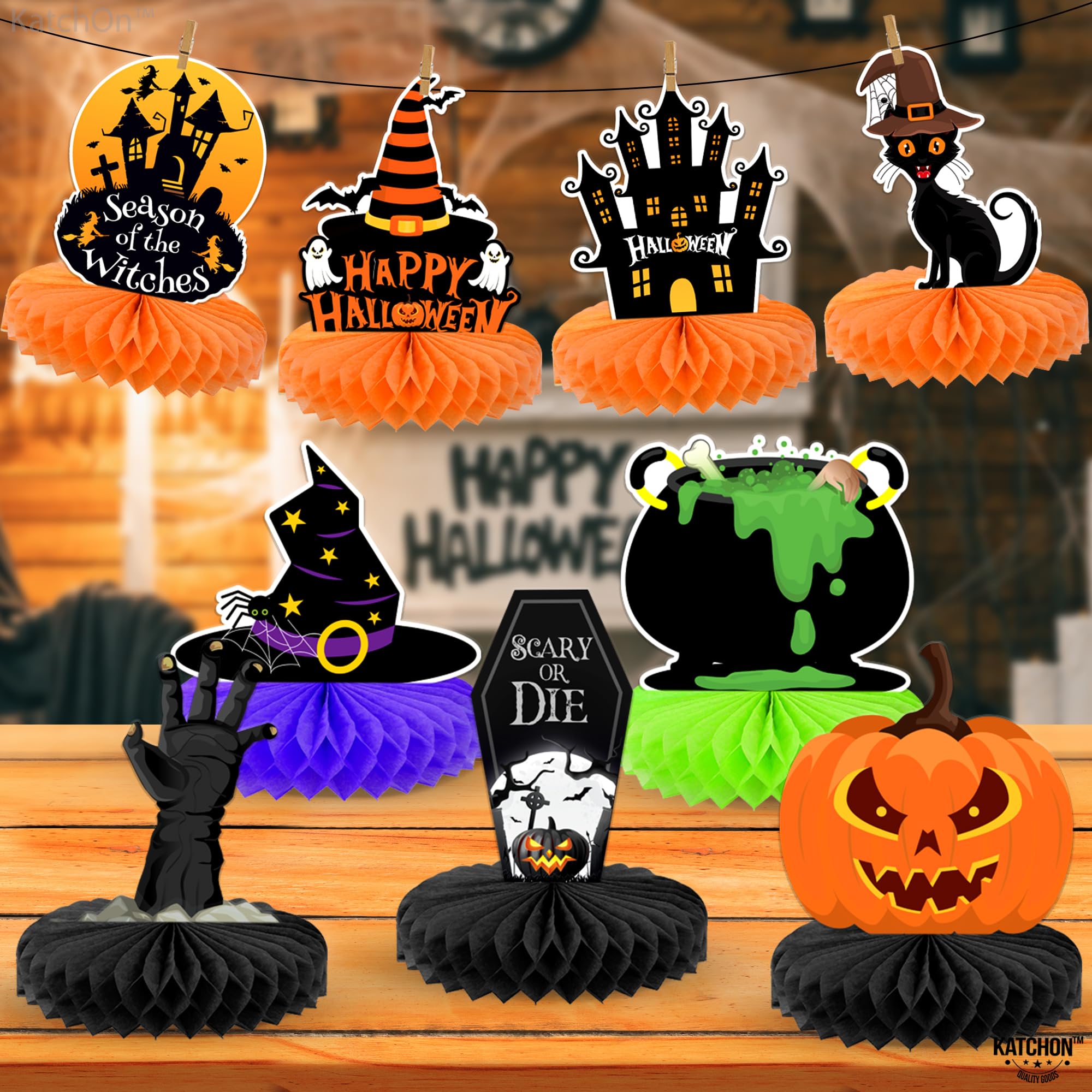 KatchOn, Halloween Centerpieces for Tables - Pack of 9 | Witch Halloween Table Centerpiece, Halloween Table Decorations | Orange and Black Halloween Centerpiece | Spooky Halloween Decorations Indoor