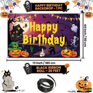 KatchOn, Happy Birthday Halloween Banner - XtraLarge, 72x44 Inch | Purple Halloween Birthday Banner for Halloween Birthday Party Decorations | Halloween Backdrop, Halloween Birthday Party Backdrop