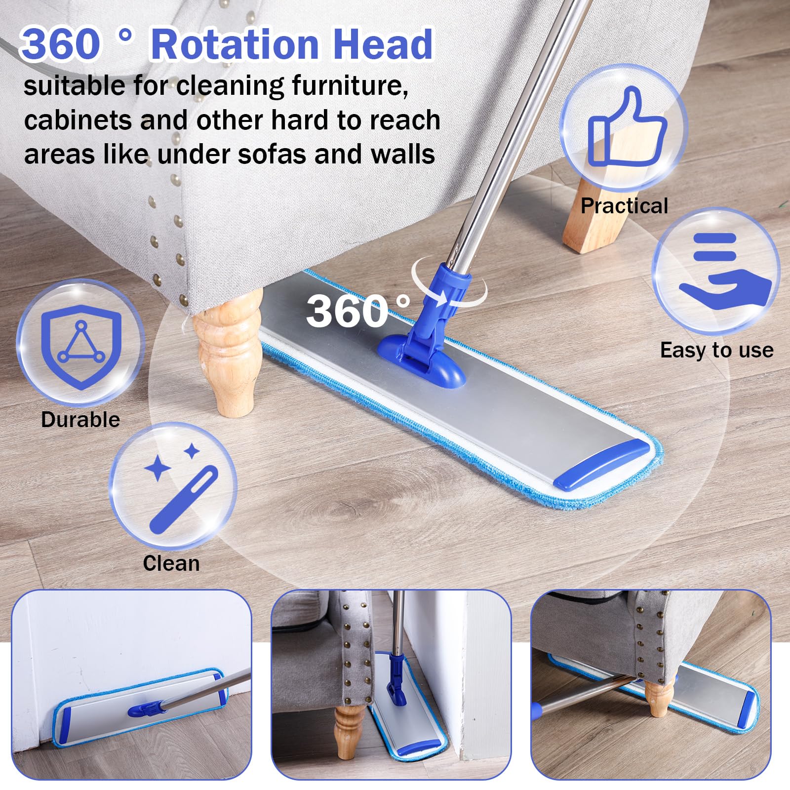 Uiifan 2 Set 18" Microfiber Mop Floor Cleaning System, Flat Mop for Hardwood Floors Commercial Mop Bulk Wet and Dust Mop with Extendable Handle, Reusable Mop Pads, Household Cleaning Tools