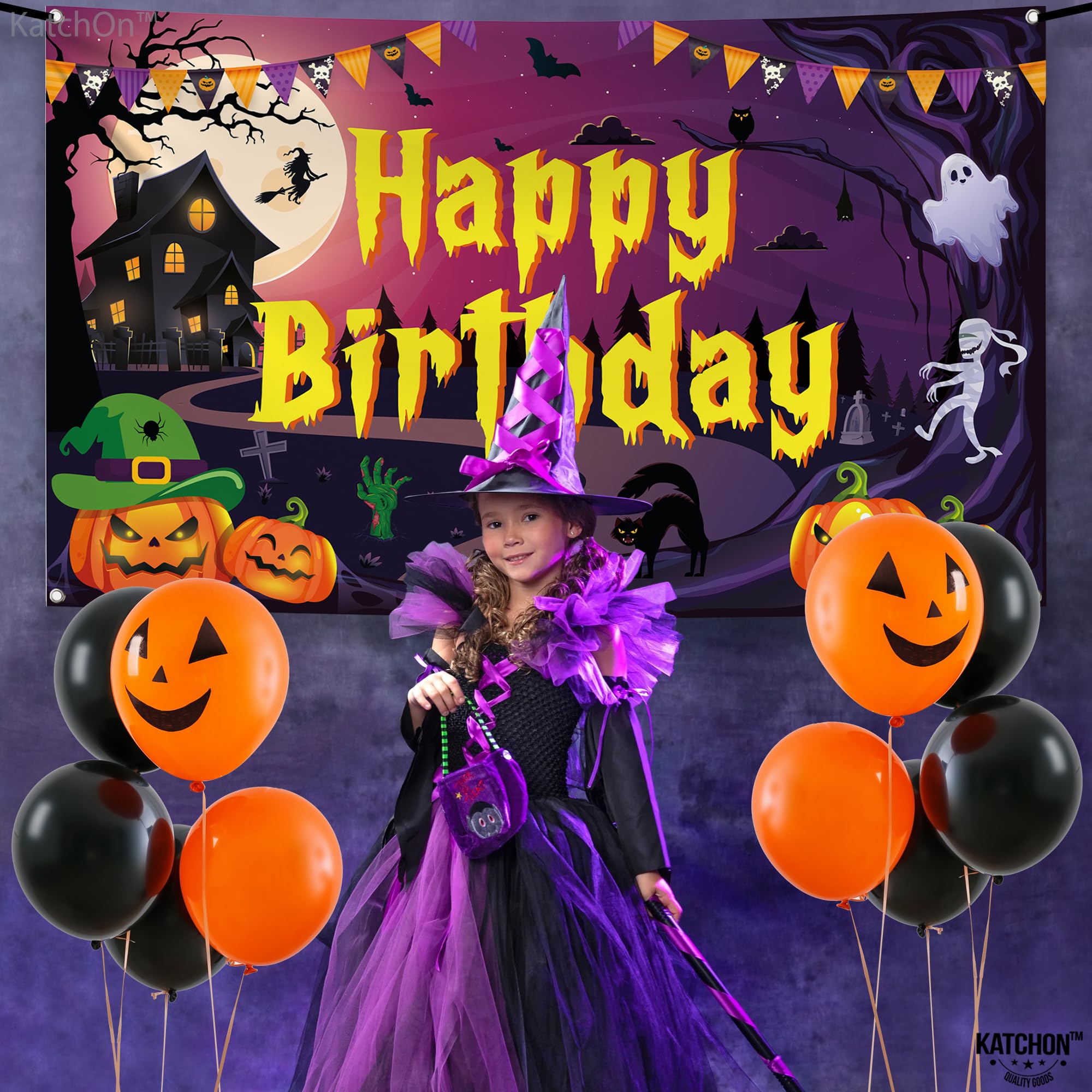 KatchOn, Happy Birthday Halloween Banner - XtraLarge, 72x44 Inch | Purple Halloween Birthday Banner for Halloween Birthday Party Decorations | Halloween Backdrop, Halloween Birthday Party Backdrop