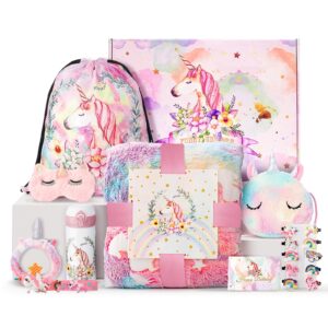 runeaoys unicorn toys for girls age 4-6 6-8, girl christmas birthday thanksgiving gifts box for 3 4 5 6 7 8 9 10 year old with unicorn glow in the dark blanket water bottle kairclip bag