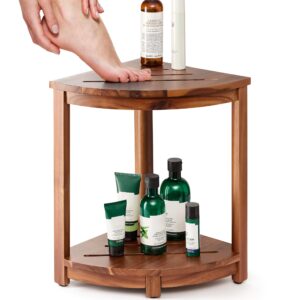 tinamo acacia corner shower bench & stool with storage shelf - wooden corner shower benches for inside shower- wood corner stool foot rest for shaving legs - waterproof for bathroom (acacia)