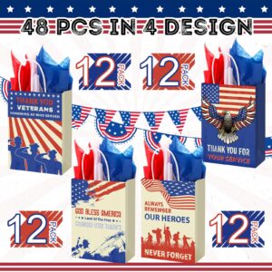 Cholemy 48 Pcs Veterans Day Patriotic Thank You Gift Bags with Red White Blue Tissue Paper Vintage American Treat 4th of July Goodie Bags with Handles Independence Day Party Gift Wrap Bags