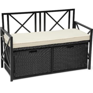 yitahome 70 gallon outdoor storage bench w/cushion, wicker storage deck box w/seat, all-weather pe rattan storage seating for patio furniture, outdoor cushions and garden tools -black&beige