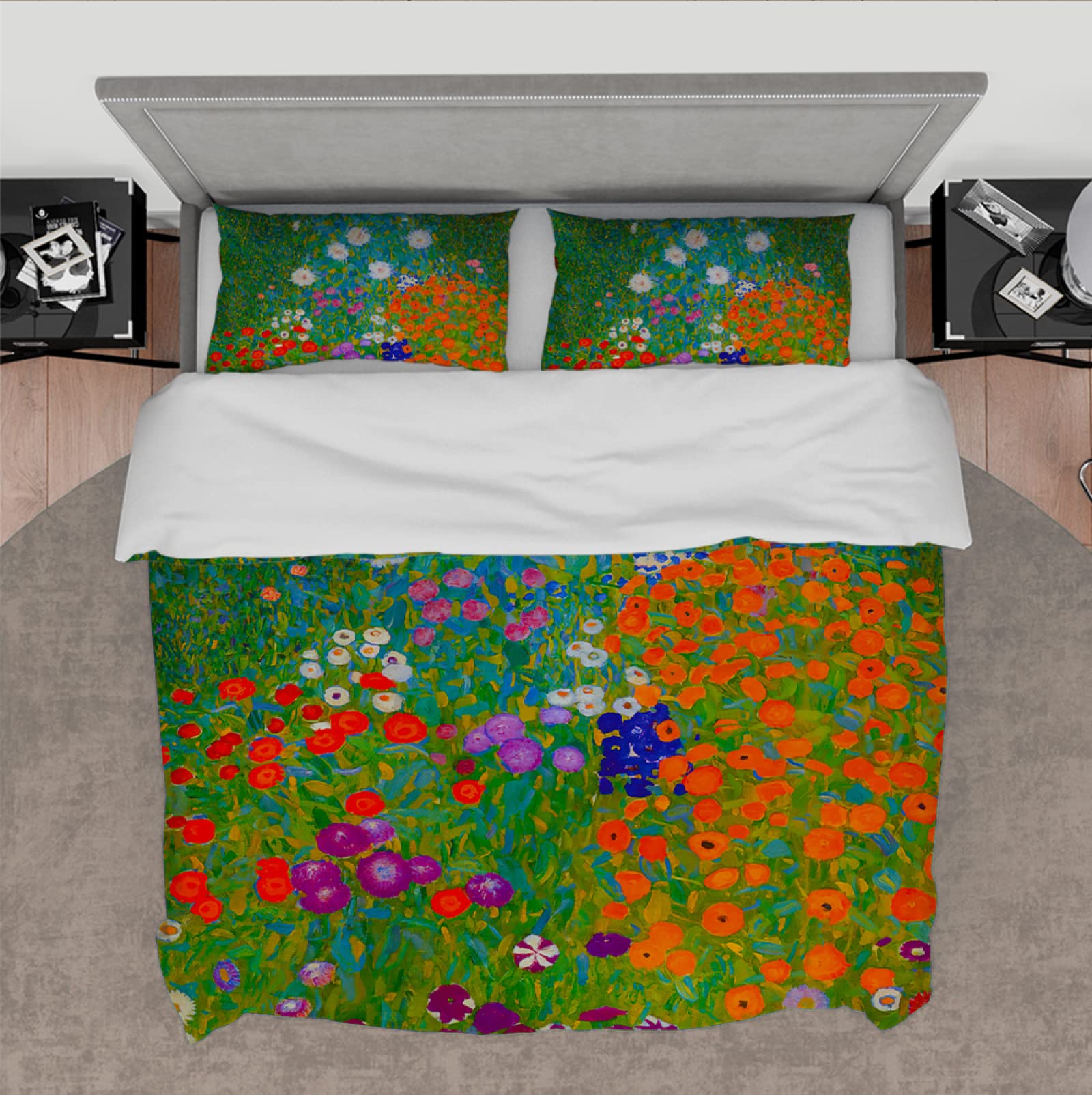 RIVINE Country Style Duvet Cover Set 3 Pieces Gustav Klimt Flower Garden Colorful Plant Microfiber for Bedding Set with 2 Pillow Shams Queen