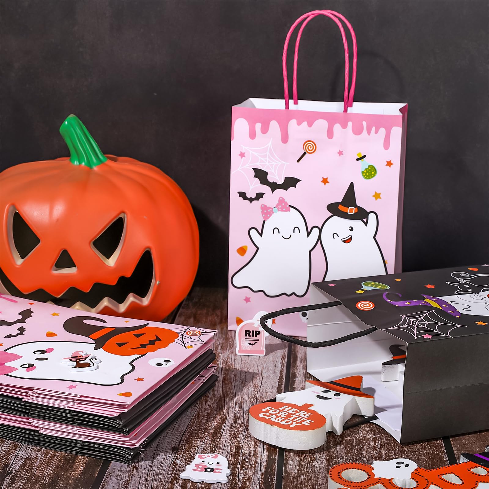 AnyDesign 24Pcs Halloween Paper Gift Bags with Handles 4 Design Halloween Boo Theme Bags Ghost Pumpkin Black Pink Candy Bags Goodie Present Bags for Gift Wrapping Halloween Birthday Party Favor