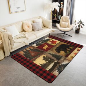 bear cabin plaid area rug 3x5 for home dorm, rustic farmhouse living room rugs, retro hunting deer carpet, country woodland pine tree floor mat, maple leaf lodge decor decorative rug, red black brown