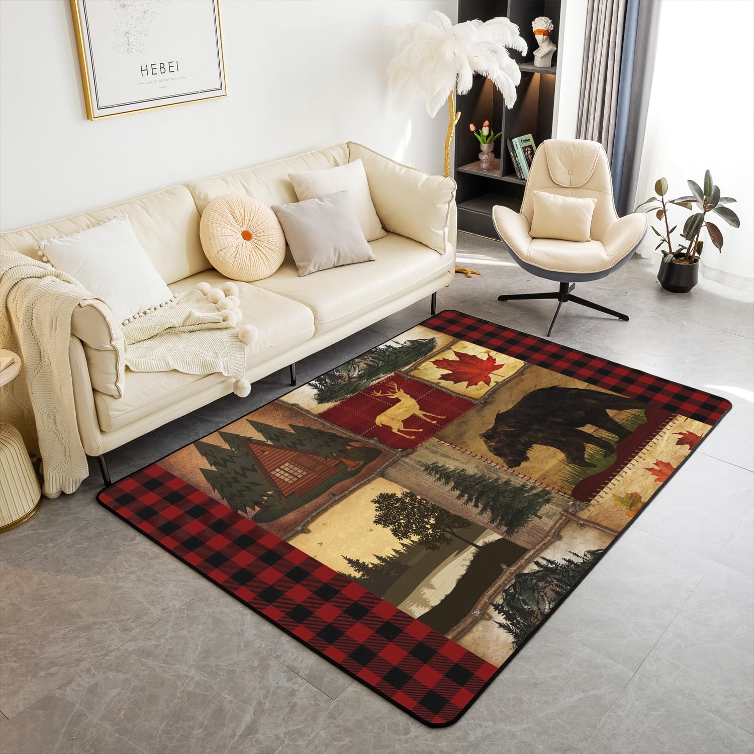 Bear Cabin Plaid Area Rug 3x5 for Home Dorm, Rustic Farmhouse Living Room Rugs, Retro Hunting Deer Carpet, Country Woodland Pine Tree Floor Mat, Maple Leaf Lodge Decor Decorative Rug, Red Black Brown