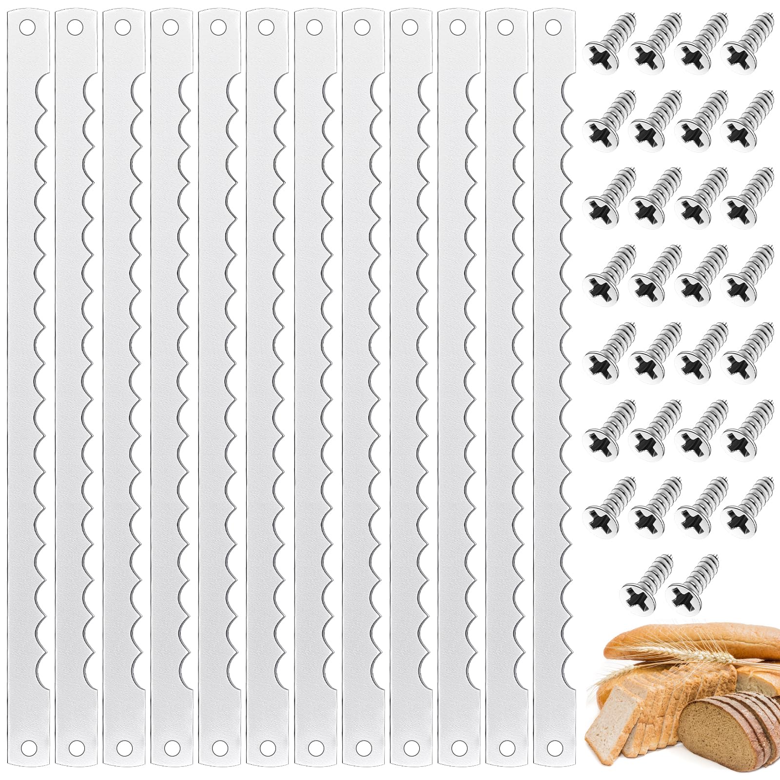 Therwen Bread Bow Knife Blades Stainless Steel Replacement Blade Bread Blade with Screws for Cake Homemade Bread Cutting Wooden Bread Knife, 10.8 Inches (12 Pcs)