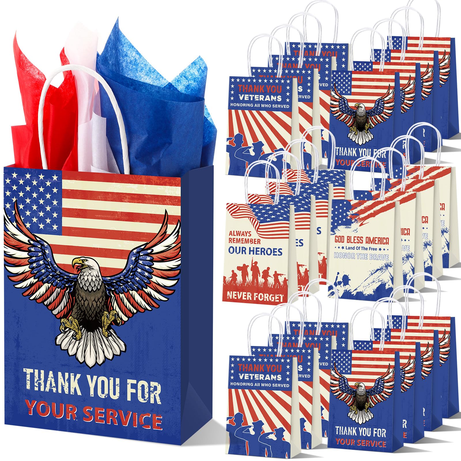 Cholemy 48 Pcs Veterans Day Patriotic Thank You Gift Bags with Red White Blue Tissue Paper Vintage American Treat 4th of July Goodie Bags with Handles Independence Day Party Gift Wrap Bags