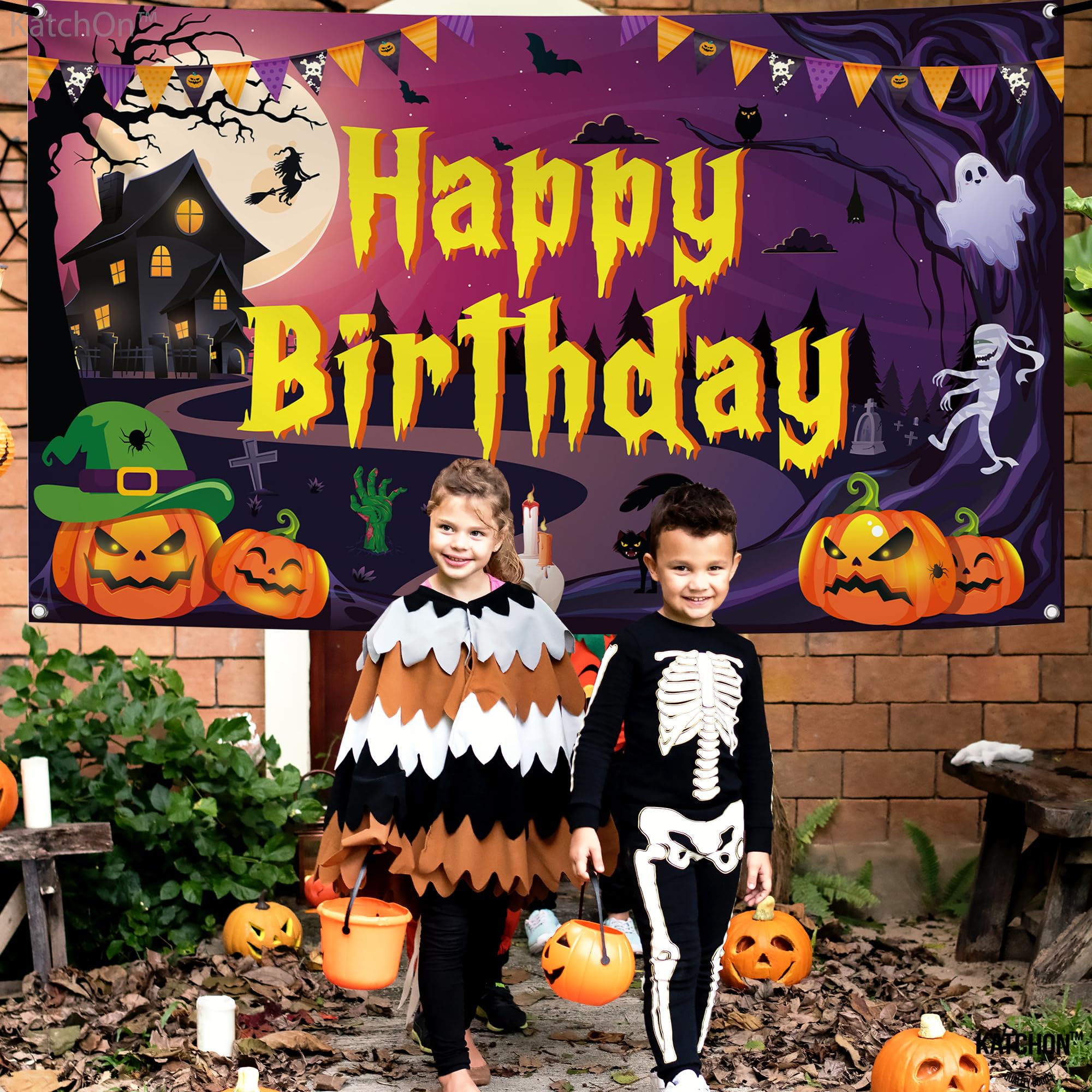 KatchOn, Happy Birthday Halloween Banner - XtraLarge, 72x44 Inch | Purple Halloween Birthday Banner for Halloween Birthday Party Decorations | Halloween Backdrop, Halloween Birthday Party Backdrop