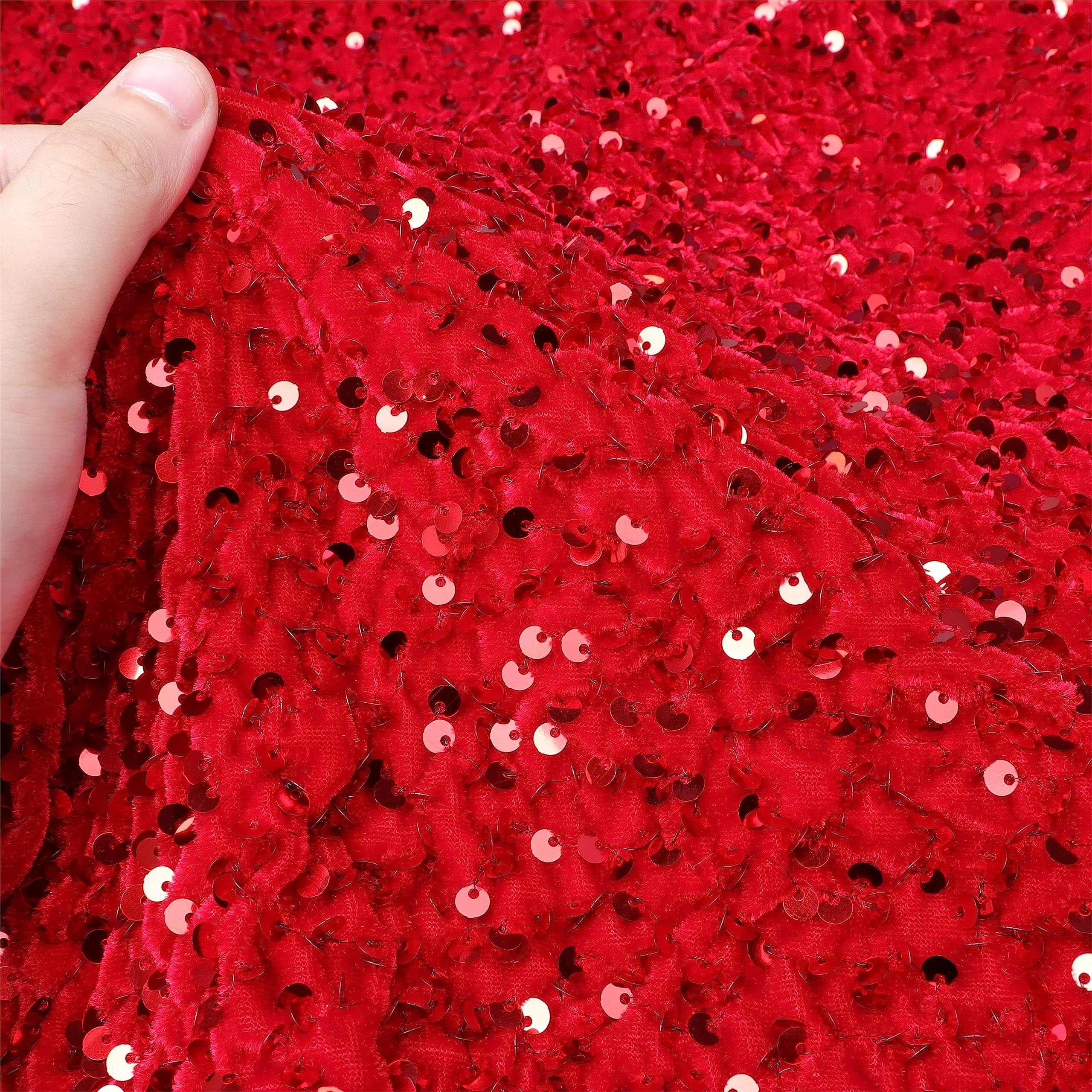 ShinyBeauty 3 Feet Red Fabric by The Yard 1 Yard Sequin Fabric for Craft Red Velvet Fabric for Dress Stretch Red Fabric Sequin Velvet Fabric for Sewing Glitter Fabric Material for Clothes Christmas