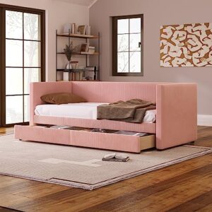 merax twin size corduroy daybed with two drawers and wood slat,sofa bed frame for bedroom,girls,pink