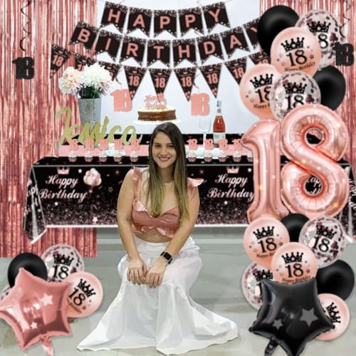 18th Black and Rose Gold Party Decorations - Happy Birthday Banner, Pennant, Birthday Balloons, Fringe Curtains, Tablecloth, Cake Topper, Hanging Swirls 18th Birthday Decorations for Girls Princess