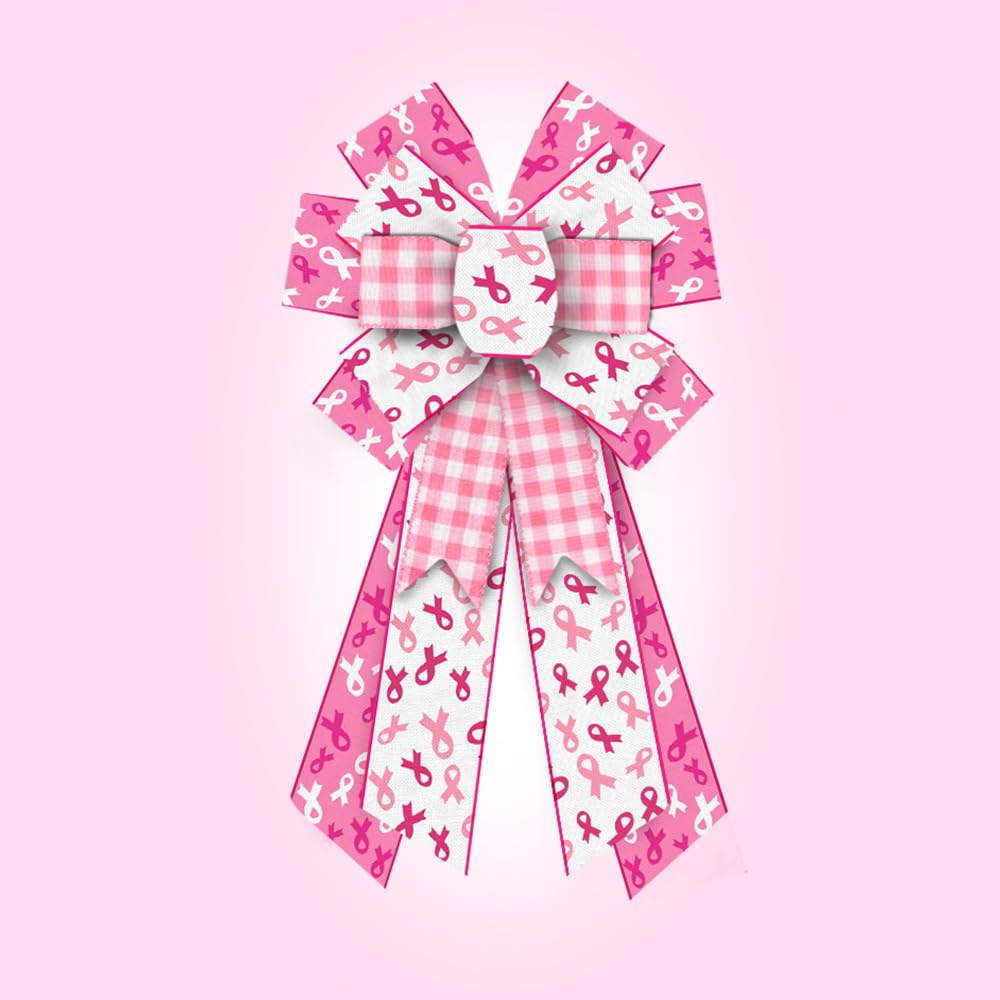 Large Breast Cancer Awareness Wreath Bows Pink White Buffalo Plaids Burlap Bows for Wreath, Small Pink Ribbon Bows for Women Girls Breast Cancer Charity Event Indoor Outdoor Party Decoration Supplies