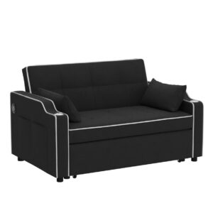 Velvet Pull Out Sleeper Sofa Bed with USB Ports, Convertible Futon Couch with Cup Holders and Pockets, 3 in 1 Modern Loveseat with Adjustable Backrest, Small Love Seat for Living Room, Office, Black