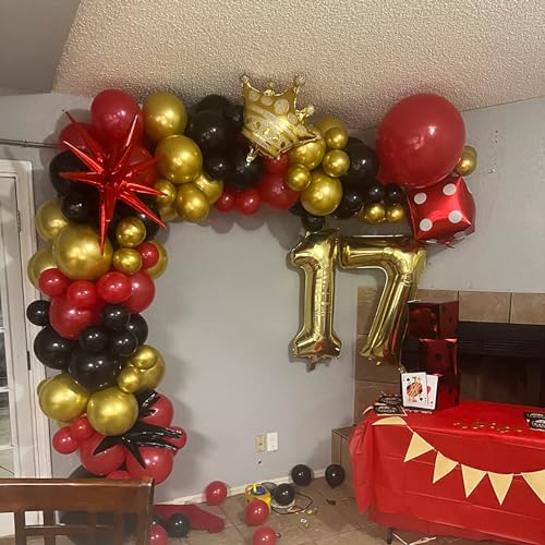 Casino Theme Balloon Arch Kit, 104 Pcs Red Black and Gold Metallic Latex Balloon Garland Kit with Dice Crown Explosion Star for Women Men Casino Night Las Vegas Birthday Graduation Party Decorations