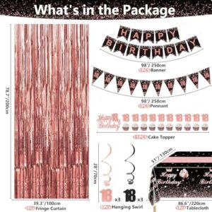 18th Black and Rose Gold Party Decorations - Happy Birthday Banner, Pennant, Birthday Balloons, Fringe Curtains, Tablecloth, Cake Topper, Hanging Swirls 18th Birthday Decorations for Girls Princess