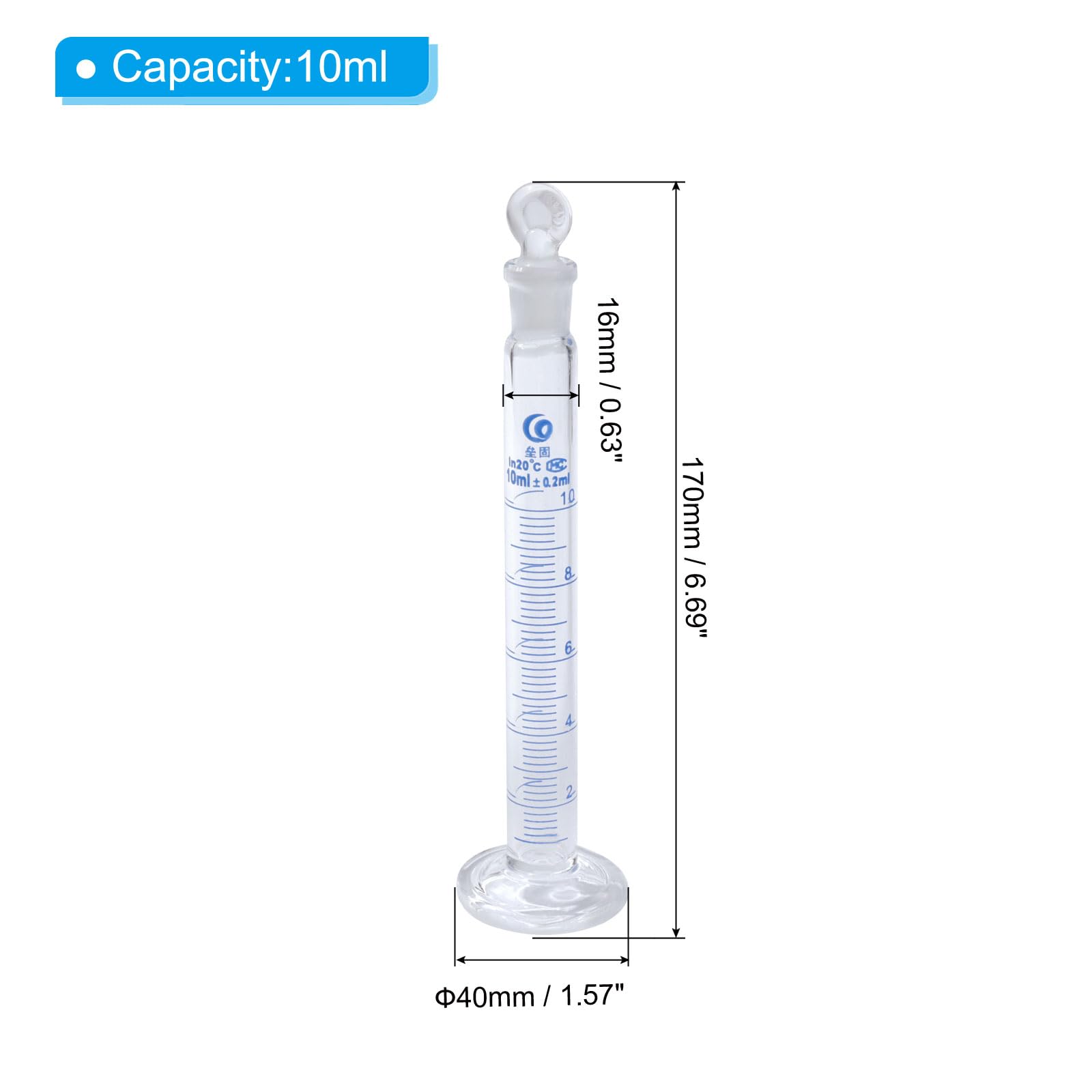 PATIKIL 10ml 3.3 Borosilicate Glass Graduated Cylinder with Stopper, High Transparency Hex Base Blue Graduations Measuring Cylinder for Lab Home Use, Clear