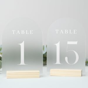 jinmury frosted arch wedding table numbers 1-15 with wood stands, 5x7" frosted acrylic arch signs and wooden base, acrylic table numbers for wedding (frosted table numbers 1-15, 5"x7")