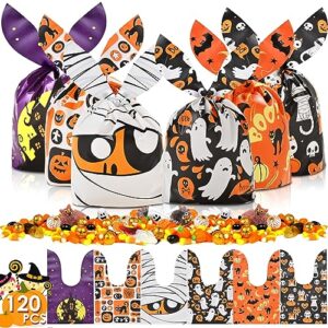 ahfulife 120 pcs halloween treat candy bags, 6 designs halloween goodie bags for trick or treat, small cute rabbit ears halloween snack bags for halloween party supplies favors