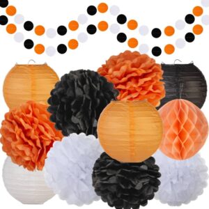 black white orange halloween party-decorations, tissue pom poms, lanterns, honeycomb ball, circle dots garlands, graduation 2024 birthday wedding baby bridal shower decor bunting lasting surprise