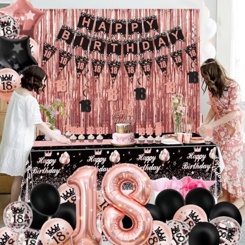 18th Black and Rose Gold Party Decorations - Happy Birthday Banner, Pennant, Birthday Balloons, Fringe Curtains, Tablecloth, Cake Topper, Hanging Swirls 18th Birthday Decorations for Girls Princess