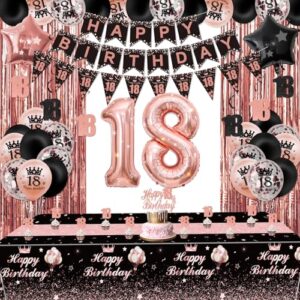 18th black and rose gold party decorations - happy birthday banner, pennant, birthday balloons, fringe curtains, tablecloth, cake topper, hanging swirls 18th birthday decorations for girls princess