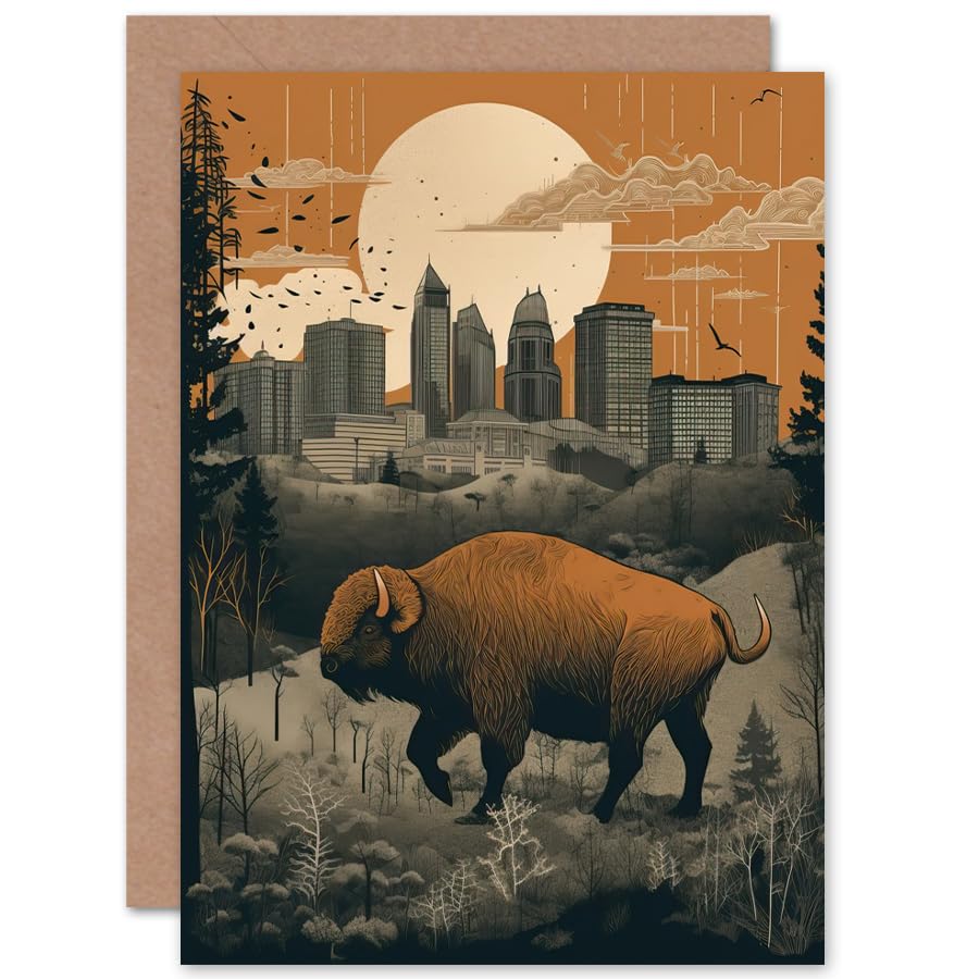 Artery8 Bison in Forest by Urban Cityscape Modern Linocut Travel Birthday Sealed Greeting Card Plus Envelope Blank inside