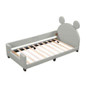 Merax Cute Kids Wood Twin Day Bed with Mouse Ears Headboard, Low Platform Bed Frame for Boys,Girls, No Box Spring Need (Twin, Grey)