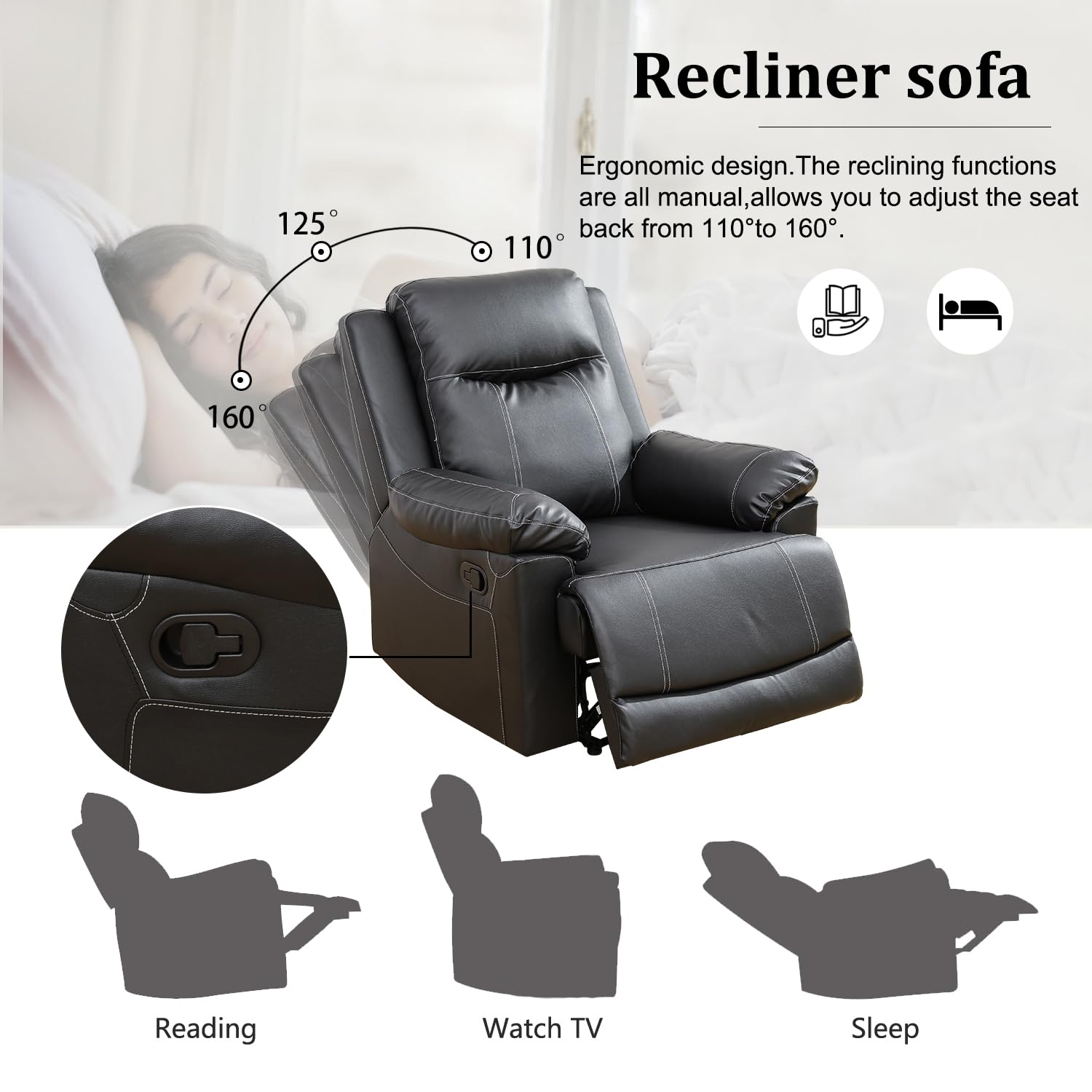 Ocstta Leather Recliner Sofa, Leather Living Room Furniture Set with Storage Console & Cup Holder for Living Room/Office (Recliner Couch for Loveseat) Black