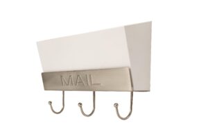 fantashome metal hook rack with 3 hooks and plastic mail holder storage basket on the wall for entryway(white)