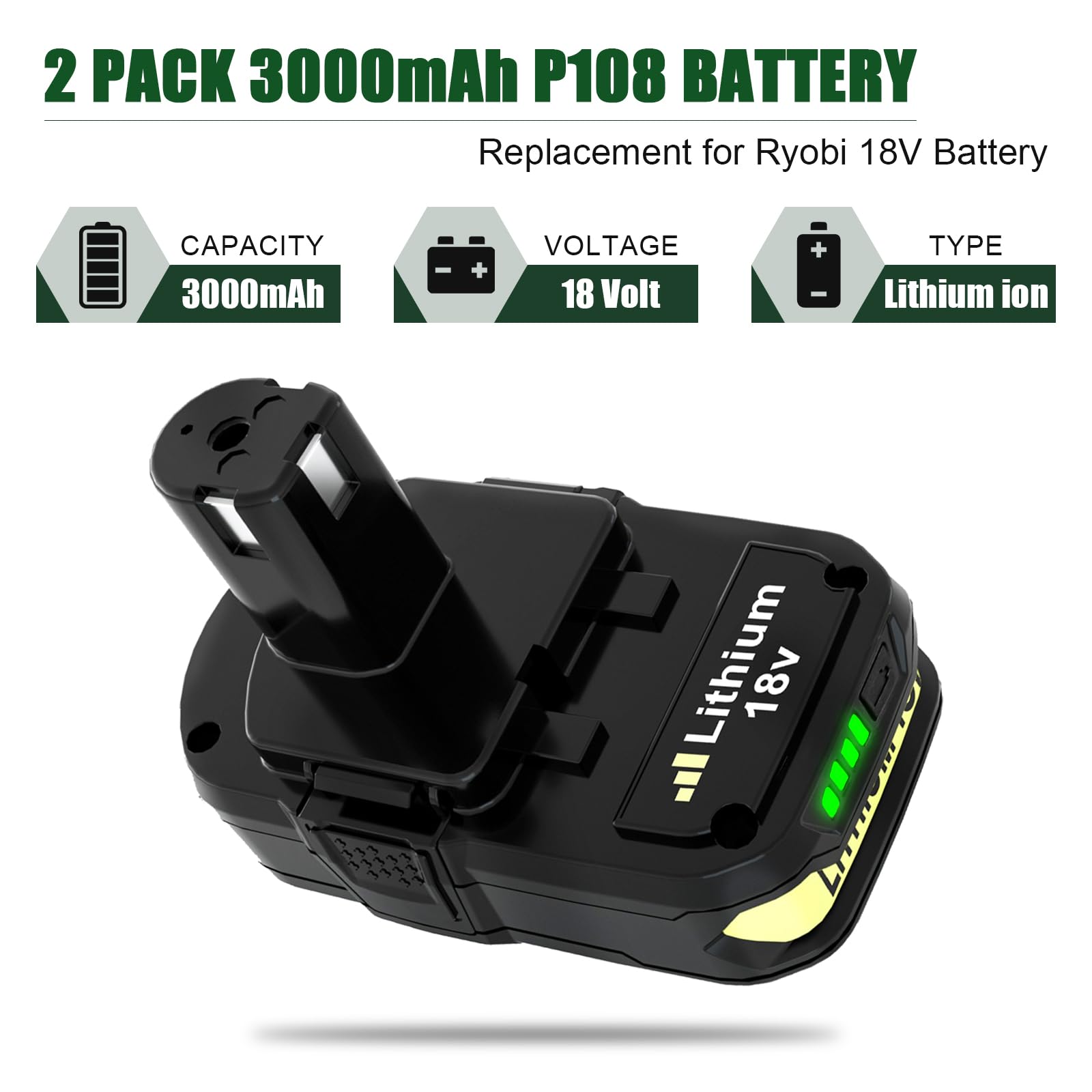 TOPBATT 2Pack P108 P102 3.0Ah Replacement for Ryobi 18V Battery and P117 Charger Combo Compatible with Ryobi 18 Volt Battery P103 P104 P105 P107 P109 P190 P191 P122 Cordless Tool