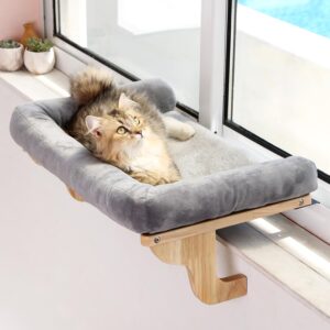 zakkart cat perch for window sill with bolster - orthopedic hammock design with premium hardwood & robust metal frame - cat window seat for large cats and kittens - nartural color wood with gray bed