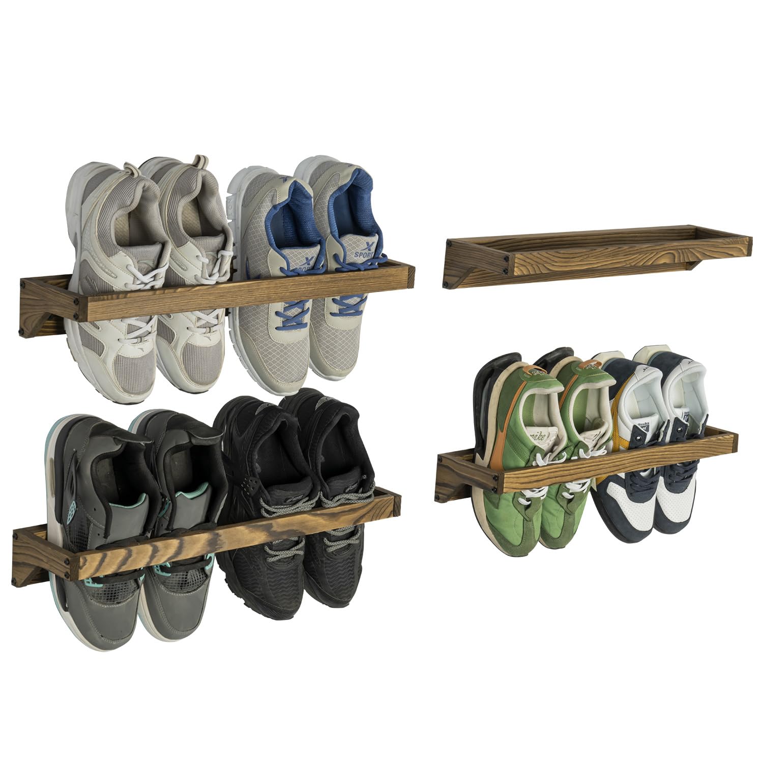 MyGift Set of 4 Rustic Burnt Solid Wood Hanging Shoe Storage Organizer Racks, Wall Mounted Space Saving Footwear Holder for Closet, Mudroom, Entryway, Holds 8 Pairs