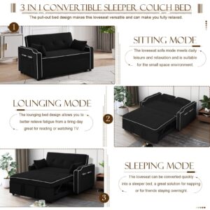 Velvet Pull Out Sleeper Sofa Bed with USB Ports, Convertible Futon Couch with Cup Holders and Pockets, 3 in 1 Modern Loveseat with Adjustable Backrest, Small Love Seat for Living Room, Office, Black