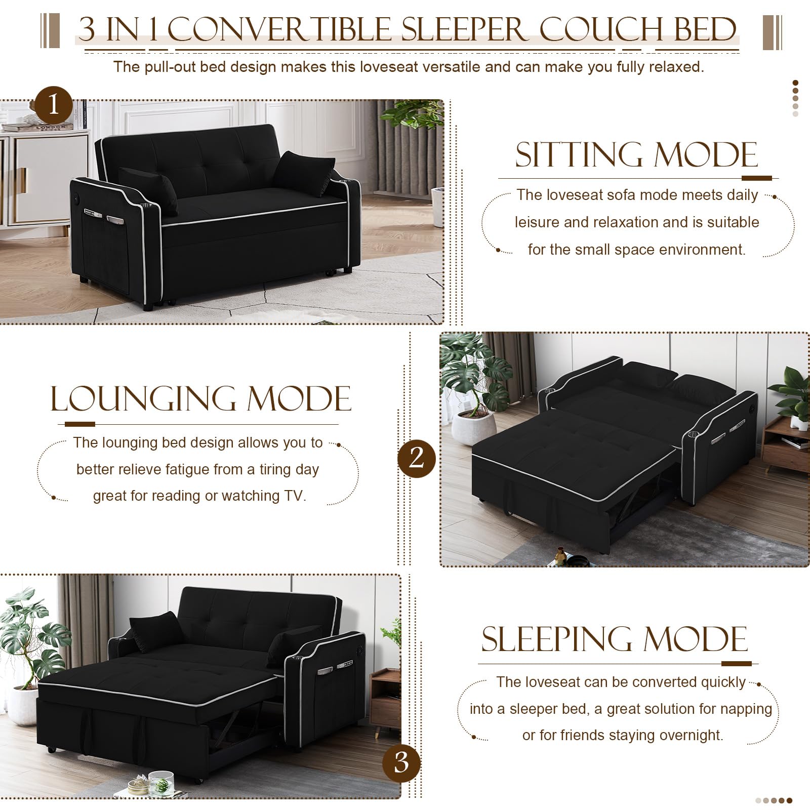 Velvet Pull Out Sleeper Sofa Bed with USB Ports, Convertible Futon Couch with Cup Holders and Pockets, 3 in 1 Modern Loveseat with Adjustable Backrest, Small Love Seat for Living Room, Office, Black